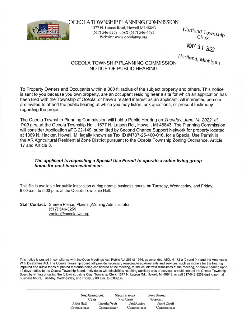 Notice of Public Hearing from Oceola Township Planning Commission ... Notice of Public Hearing from Oceola Township Planning Commission ...